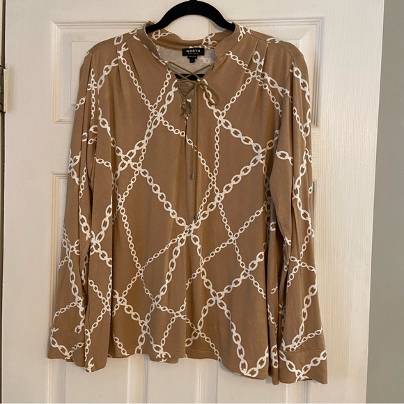 Worth | Tops | Worth Tan Blouse With White Chain Link Design Tie Up At ...